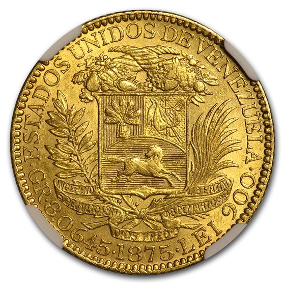 Buy 1875 A Venezuela Gold 5 Venezolanos Simon Bolivar AU Details NGC ...