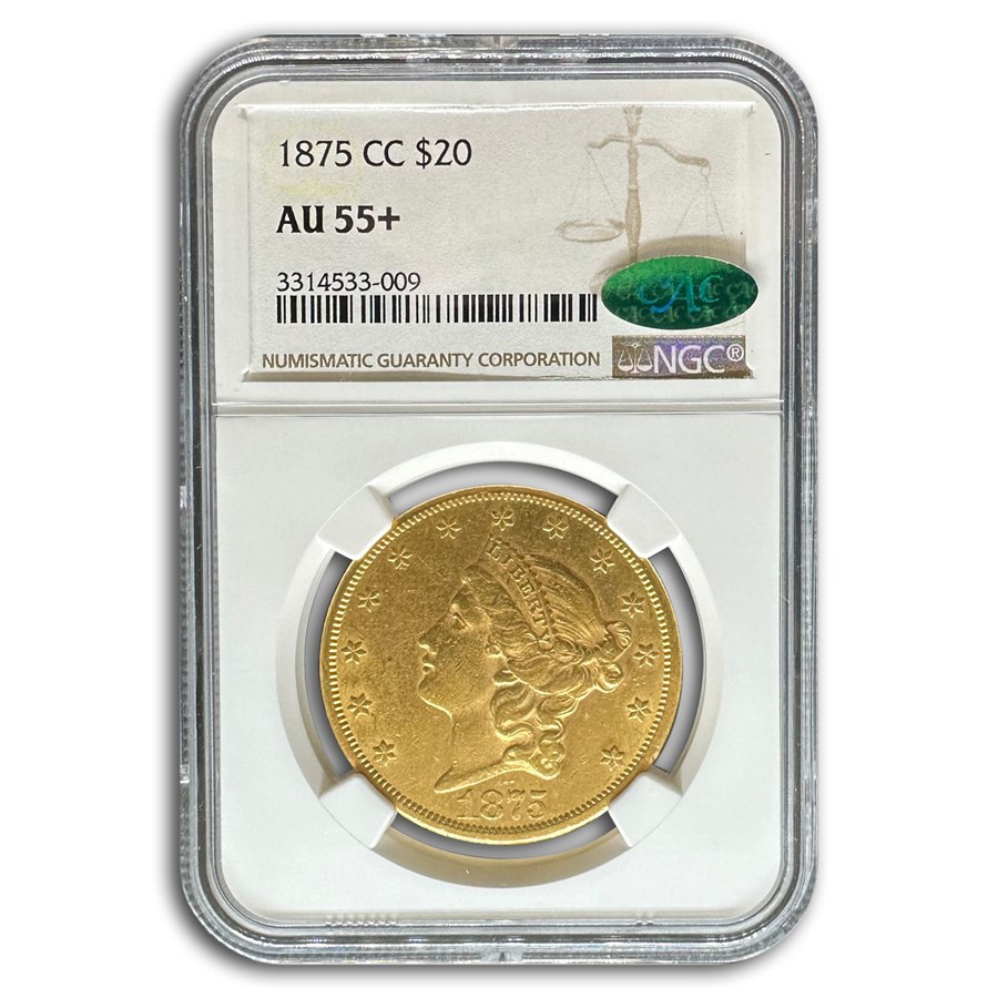1875-CC $20 Liberty Gold Double Eagle AU-55+ NGC CAC