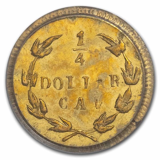 1875 Liberty Round 25 Cent Gold AU-58 PCGS (BG-846)
