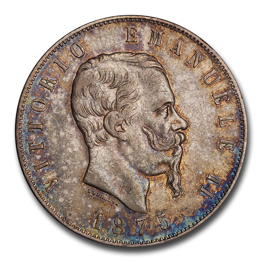 Buy 1875-R Italy Silver 5 Lire Emanuele II AU-53 PCGS | APMEX