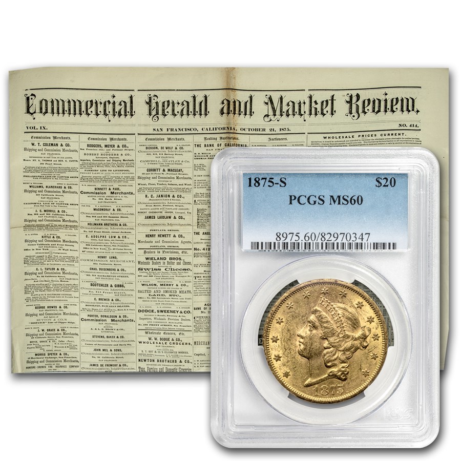 Buy 1875-S $20 Liberty Gold Double Eagle MS-60 PCGS W/1875 Newspaper | APMEX
