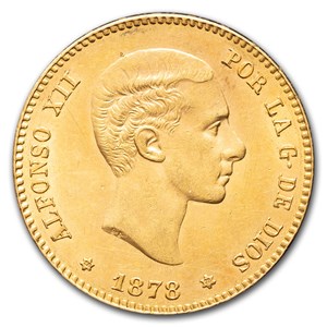 1876-1880 Spain Gold 25 Pesetas Alfonso XII BU