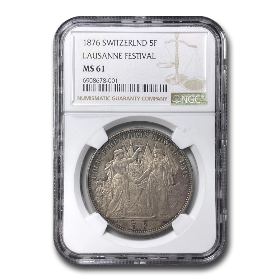 1876 Switzerland Silver 5 Francs Shooting Thaler MS-61 NGC