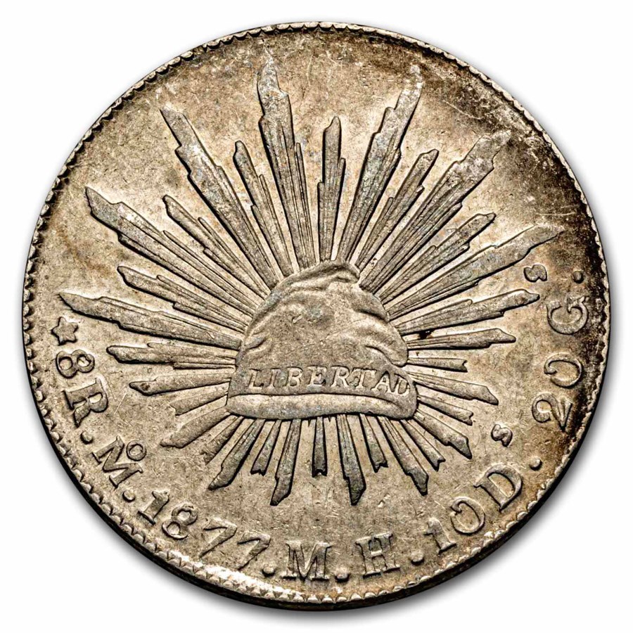 1877-Mo MH Mexico Silver 8 Reales Cap & Rays AU Details