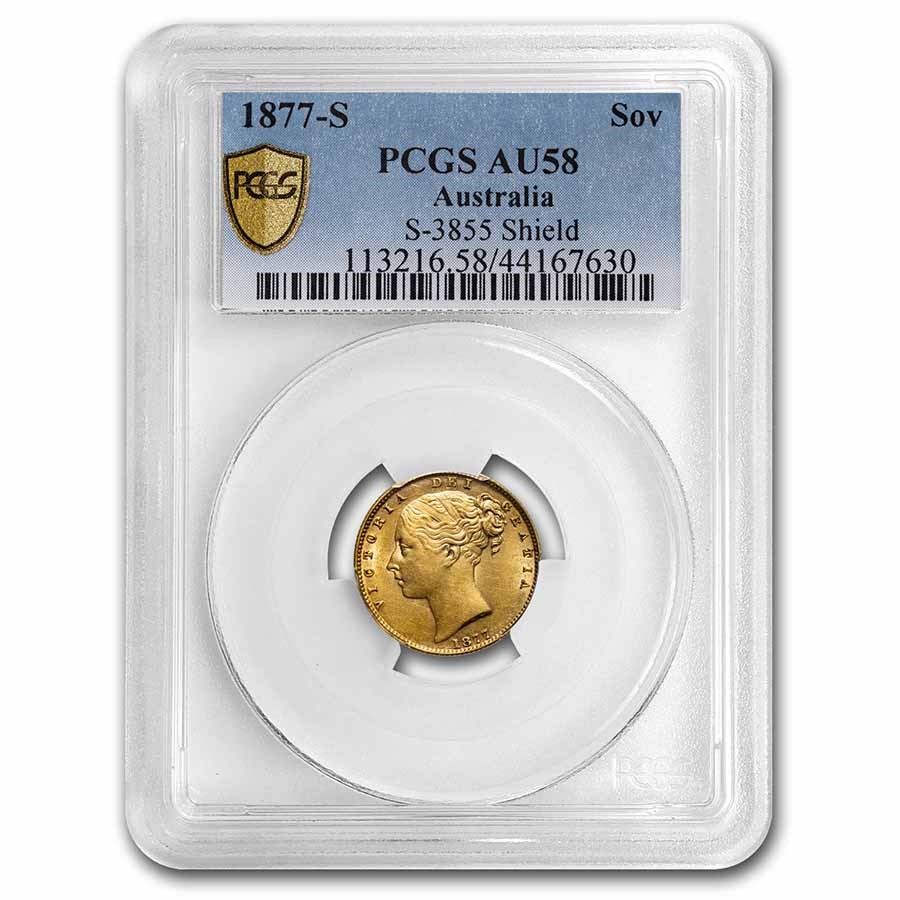 Buy 1877-S Australia Gold Sovereign Young Victoria AU-58 PCGS | APMEX