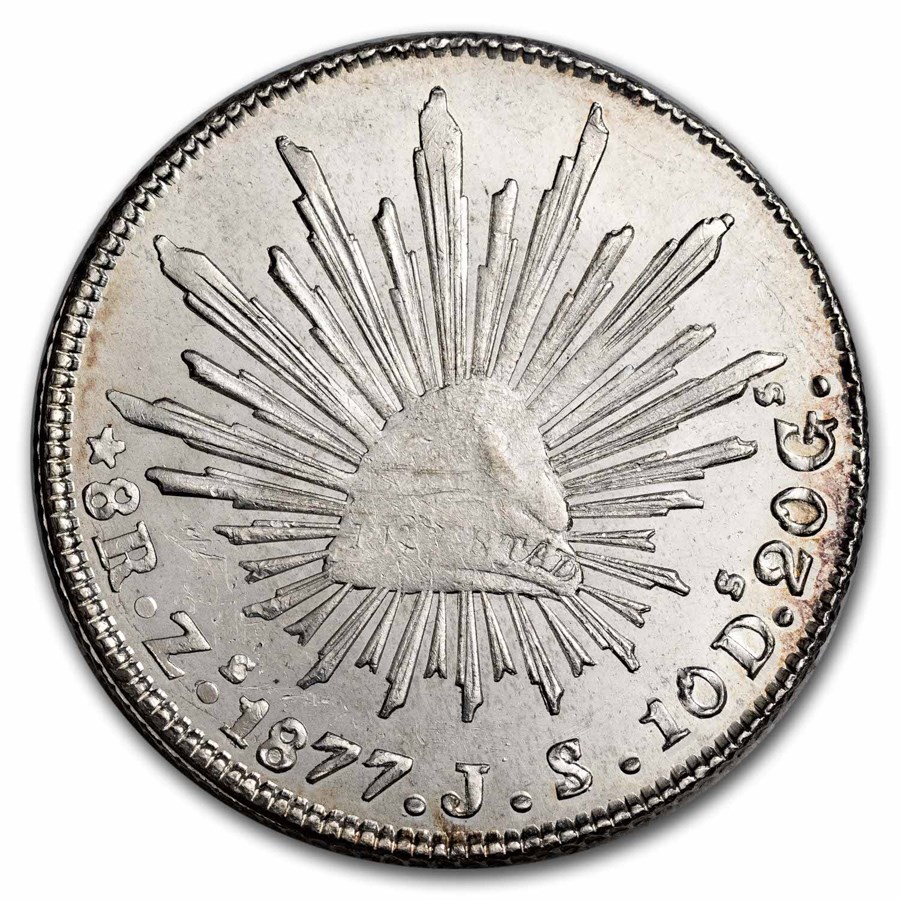 1877-Zs JS Mexico Silver 8 Reales Cap & Rays BU