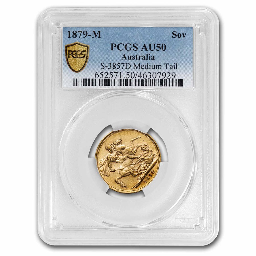 Buy 1879-M Australia Gold Sovereign Young Victoria AU-50 PCGS | APMEX