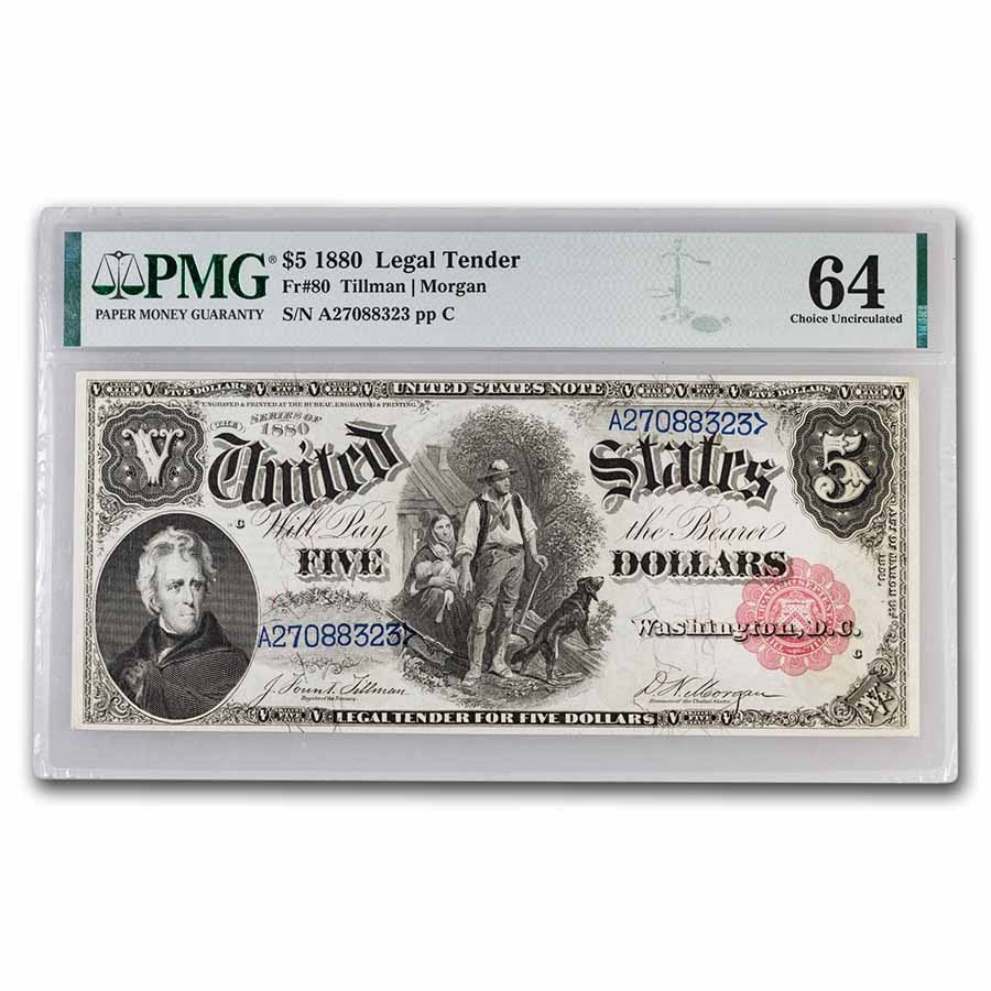 Buy 1880 $5.00 Legal Tender Woodchopper CU-64 PMG (Fr#80) | APMEX