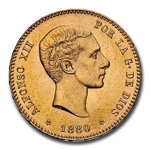 1880-M Spain Gold 25 Pesetas Alfonso XII MS-64 NGC