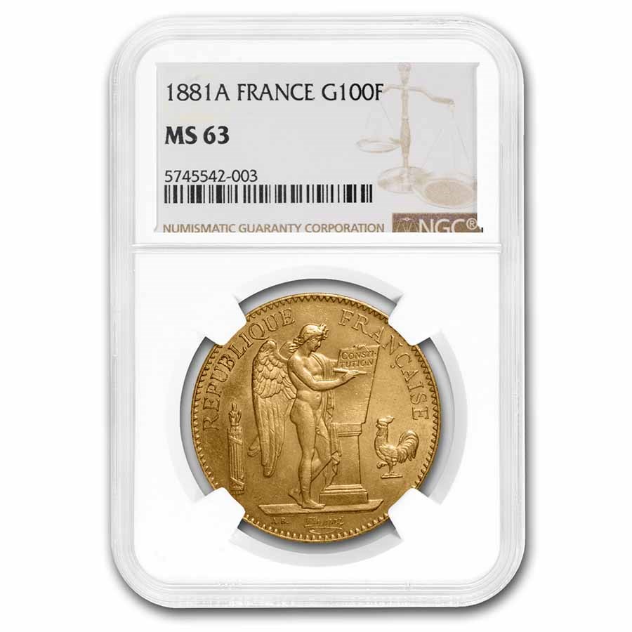 Buy 1881-A France Gold 100 Francs Lucky Angel MS-63 NGC | APMEX