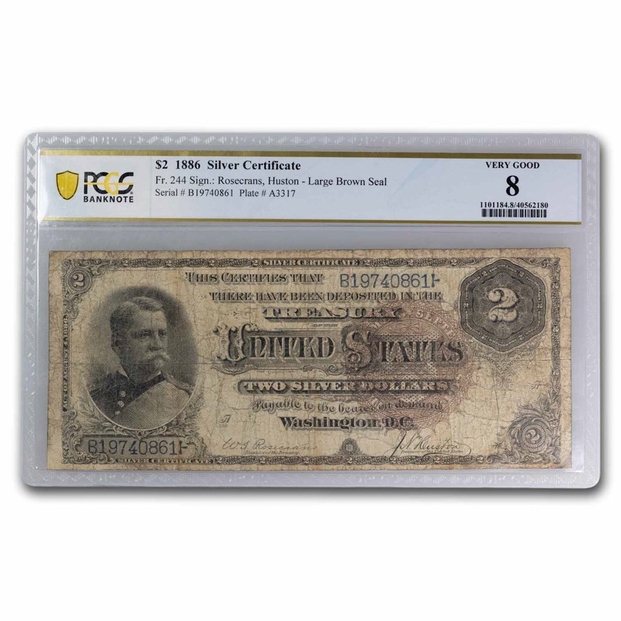 1886 $2 Silver Cert. Winfield Scott Hancock VG-08 PCGS (Fr#244)
