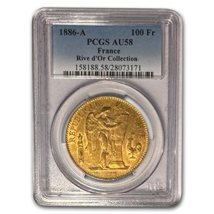 1886-A France Gold 100 Francs Angel AU-58 PCGS (Rive d'Or)