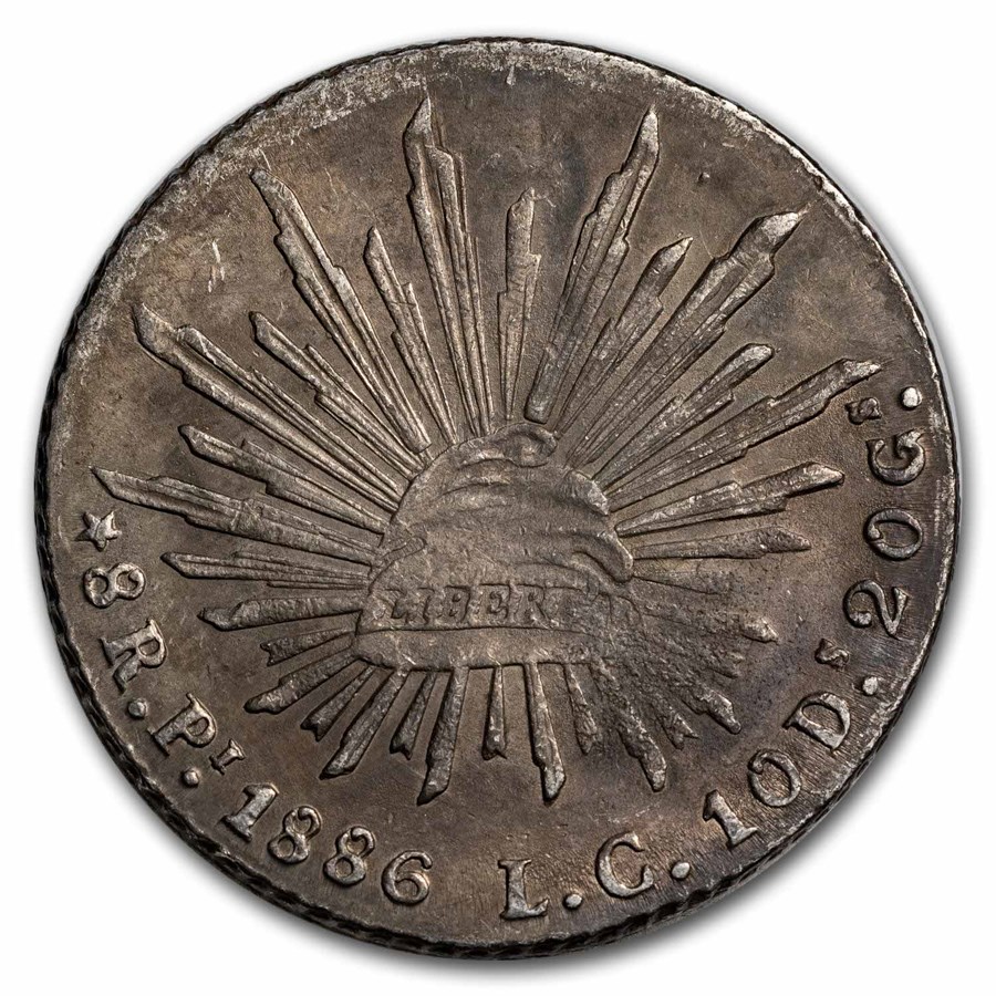1886-Pi LC Mexico Silver 8 Reales Cap & Rays AU