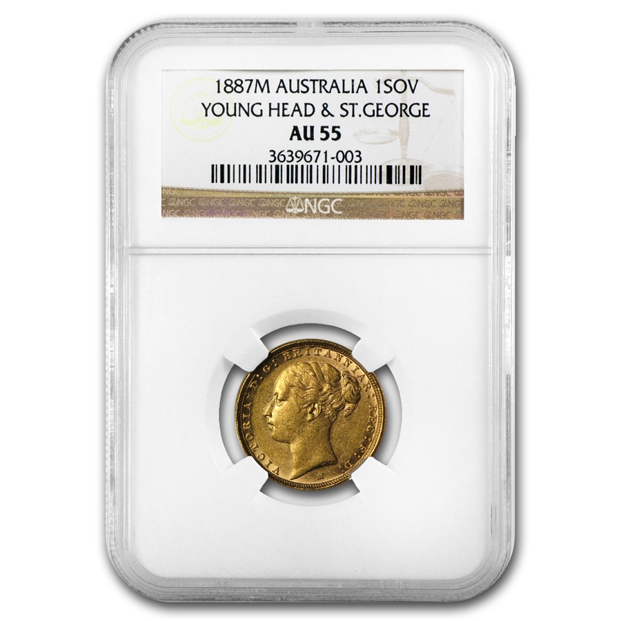 Buy 1887-M Australia Gold Sovereign Victoria AU-55 NGC | APMEX