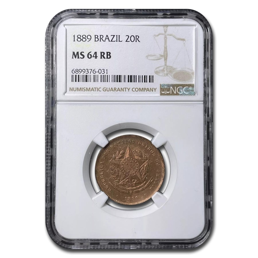 1889 Brazil 20 Reis MS-64 NGC (Red/Brown)