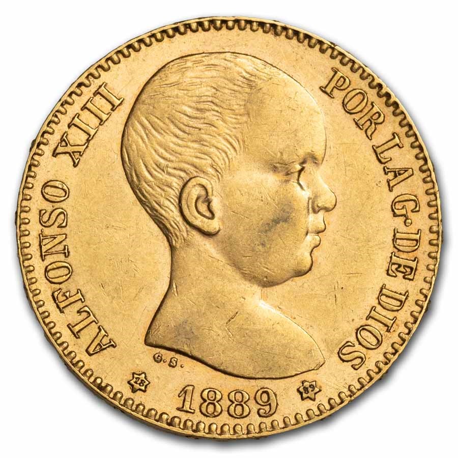 1889 Spain Gold 20 Pesetas Alfonso XIII AU