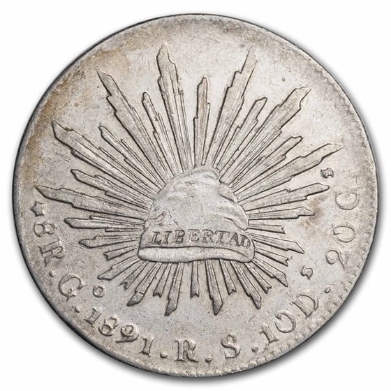 Buy 1891-Go RS Mexico Silver 8 Reales AU Cap & Rays | APMEX