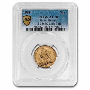 1891 Great Britain Gold Sovereign Victoria Jubilee AU-58 PCGS