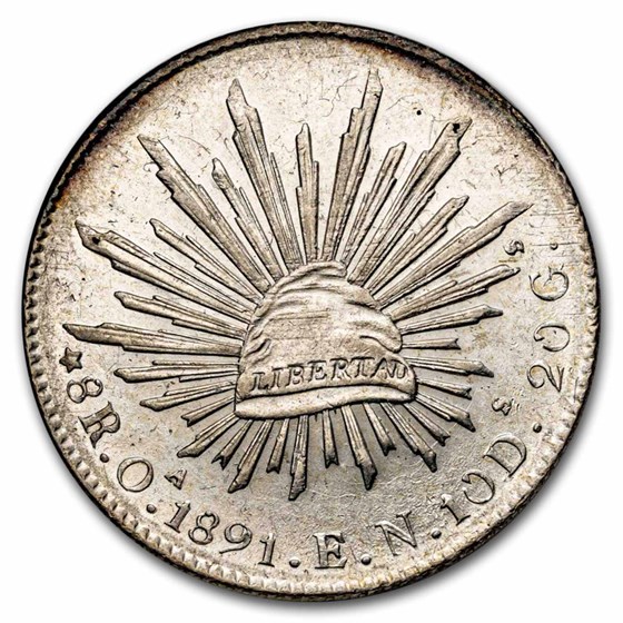 1891-Oa EN Mexico Silver 8 Reales Cap & Rays BU Details