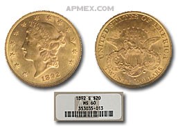 Buy 1892-S $20 Liberty Gold Double Eagle MS-60 NGC | APMEX