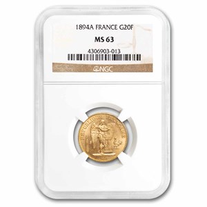 1894-A France Gold 20 Francs Angel MS-63 NGC