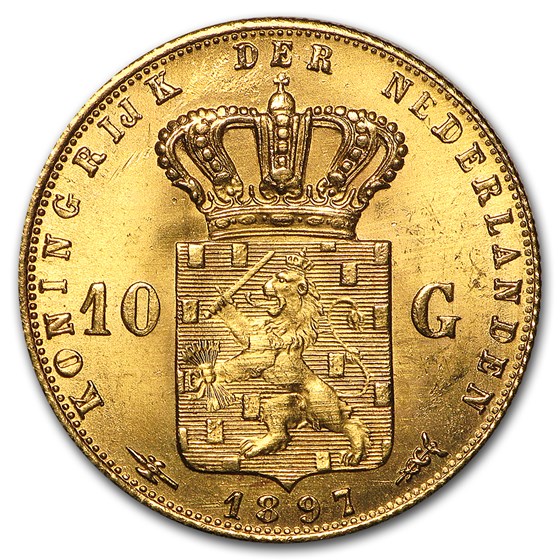 Buy 1897 Netherlands Gold 10 Guilder Wilhelmina Flowing Hair Avg Circ ...