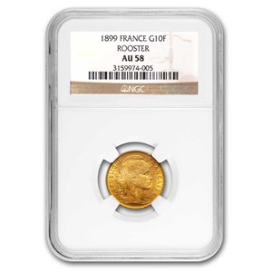 1899-A France Gold 10 Franc Rooster AU-58 NGC