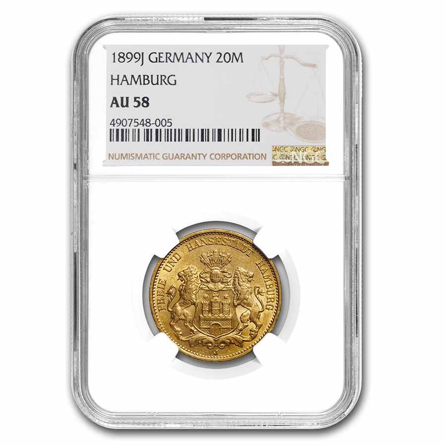Buy 1899-J German States Hamburg Gold 20 Mark AU-58 NGC | APMEX