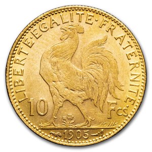 1905-A France Gold 10 Francs Rooster AU