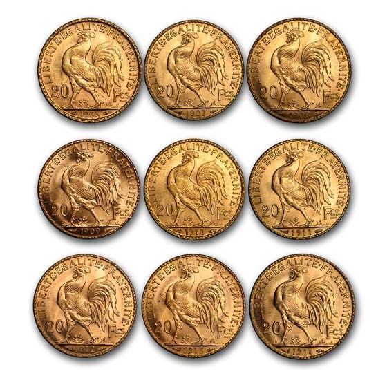 Buy 1906-1914 France Gold 20 Francs Rooster BU (9-Coin Set) | APMEX