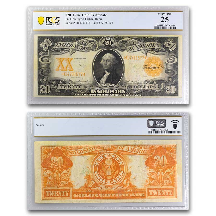 1906 $20 Gold Certificate Washington VF-25 PCGS (Fr#1186)