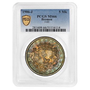 1906-J Germany Silver 5 Mark MS-66 PCGS (Bremen)