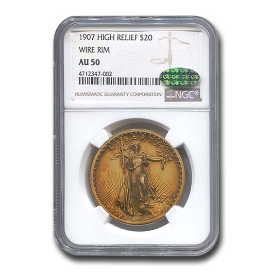 Buy 1907 $20 St Gaudens Gold High Relief Wire Rim AU-50 NGC CAC | APMEX
