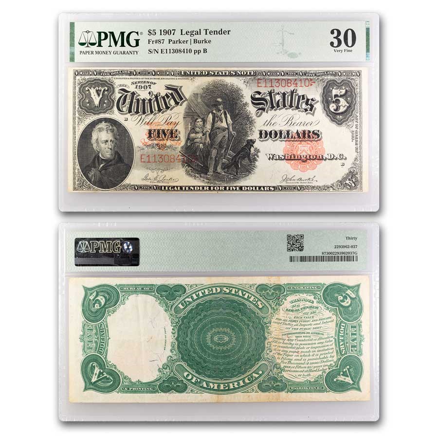 1907 $5.00 Legal Tender Woodchopper VF-30 PMG (Fr#87)