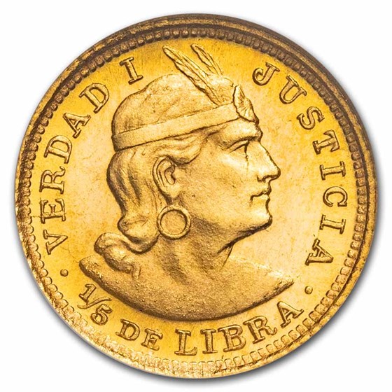 1907 Peru Gold 1/5 Libra Indian MS-66 NGC
