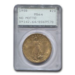Buy 1908 $20 St. Gaudens Gold Dbl Eagle No Motto MS-64 PCGS (Rattler ...