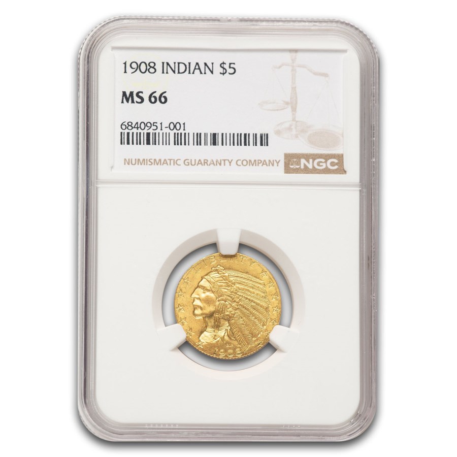 1908 $5 Indian Gold Half Eagle MS-66 NGC