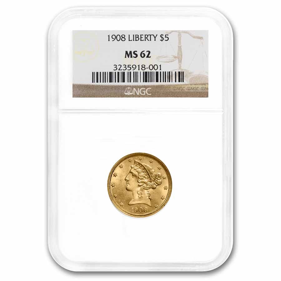 Buy 1908 $5 Liberty Gold Half Eagle MS-62 NGC | APMEX