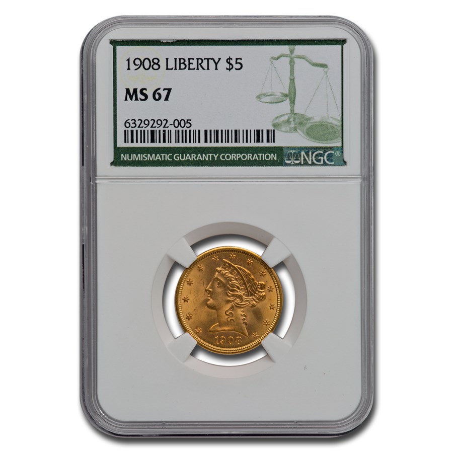 Buy 1908 $5 Liberty Gold Half Eagle MS-67 NGC (Green Label) | APMEX