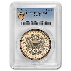 Buy 1908-A Germany Lubeck Silver 5 Mark PR-66 Cameo | APMEX