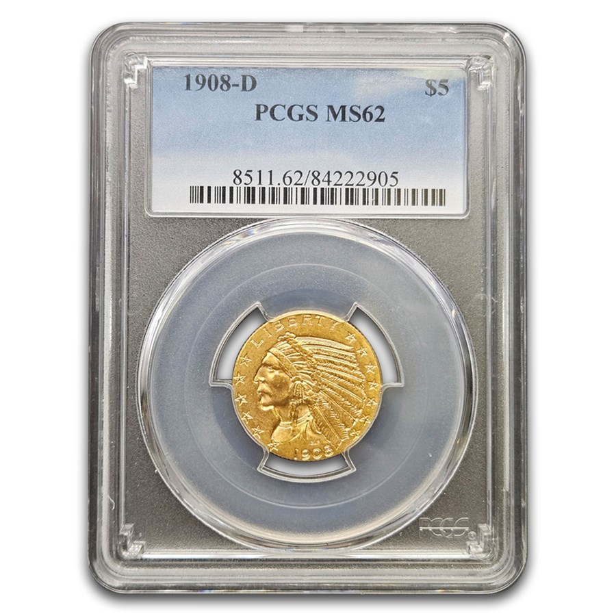 Buy 1908-D $5 Indian Gold Half Eagle MS-62 PCGS | APMEX