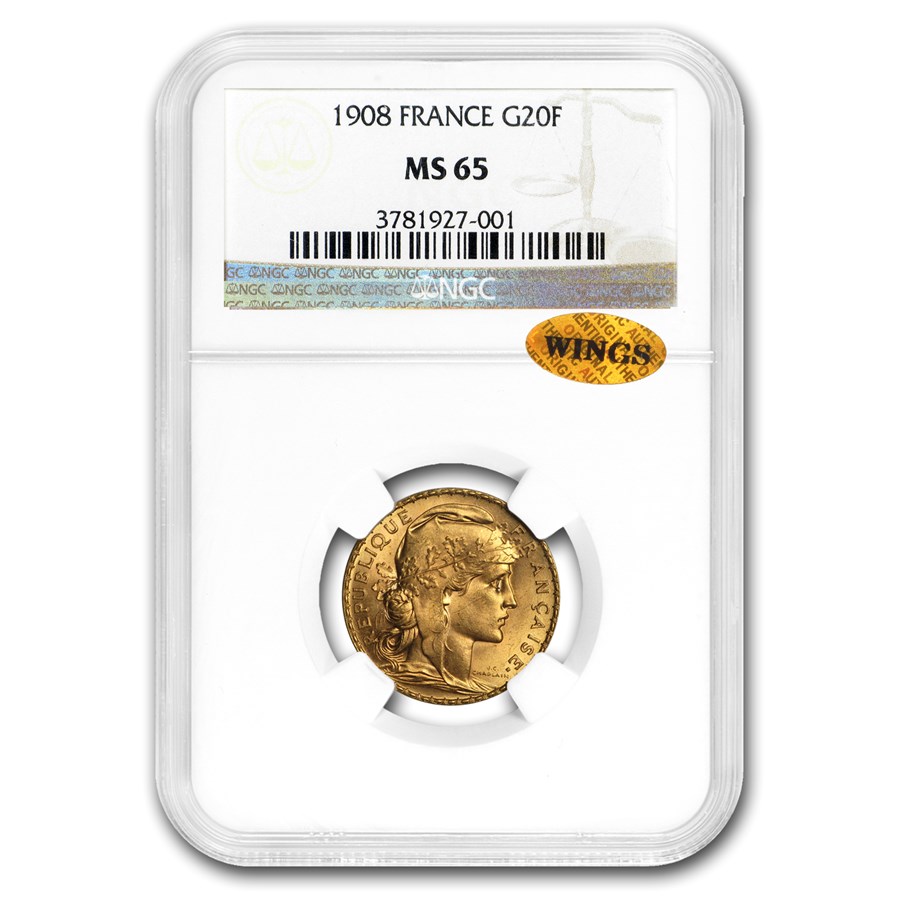 Buy 1908 France Gold 20 Francs Rooster MS-65 NGC | APMEX