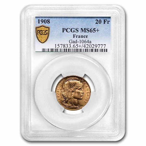 Buy 1908 France Gold 20 Francs Rooster MS-65+ PCGS | APMEX