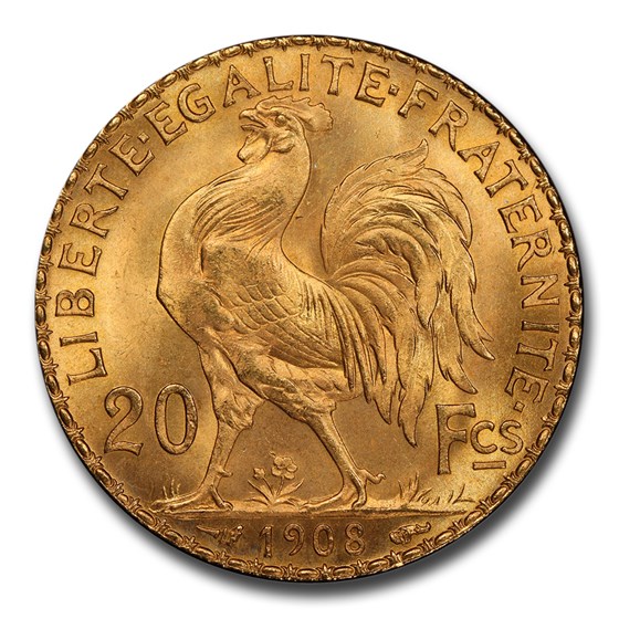 Buy 1908 France Gold 20 Francs Rooster MS-66 PCGS | APMEX