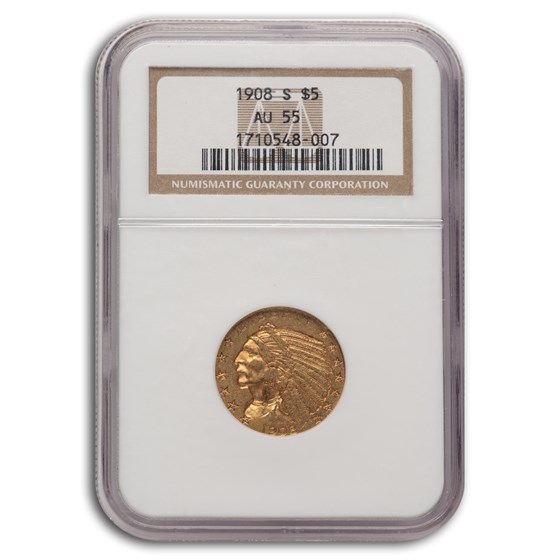 Buy 1908-S $5 Indian Gold Half Eagle AU-55 NGC | APMEX