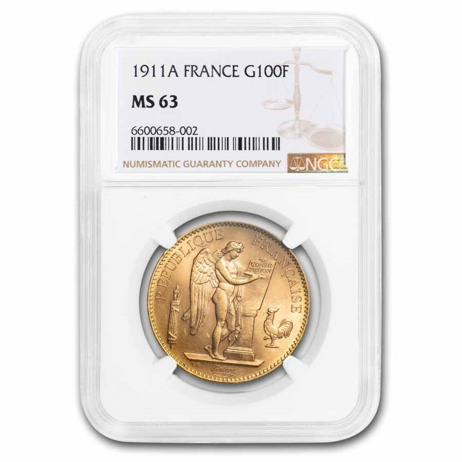 Buy 1911-A France Gold 100 Francs Lucky Angel MS-63 NGC | APMEX