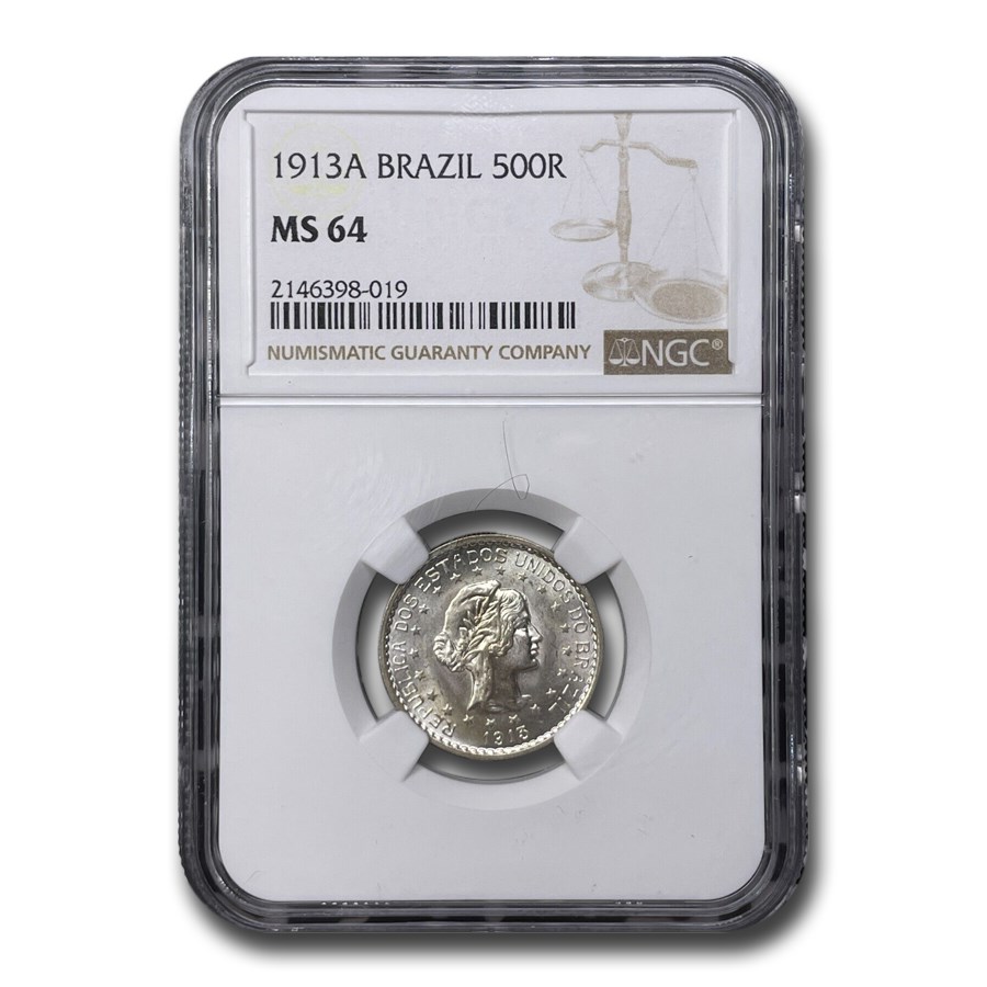 1913-A Brazil Silver 500 Reis MS-64 NGC