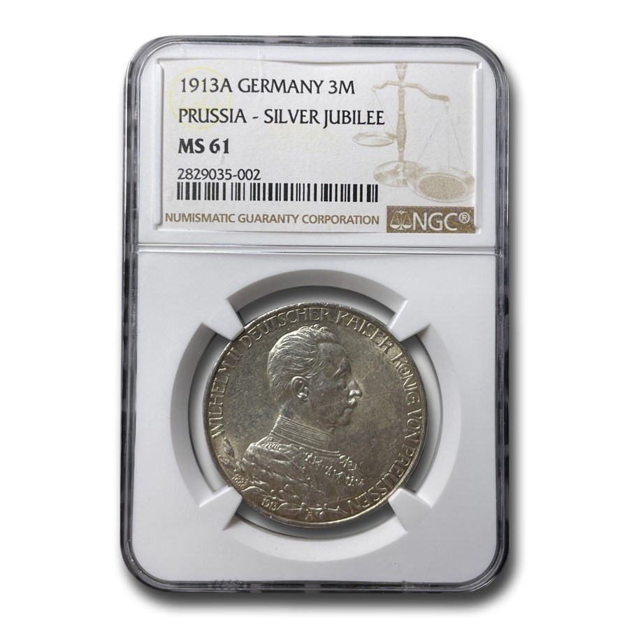 1913-A Germany Silver 3 Mark Wilhellm II MS-61 NGC