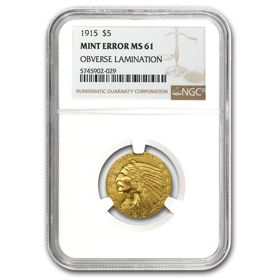 Buy 1915 $5 Indian Gold Half Eagle MS-61 NGC (Mint Error) | APMEX