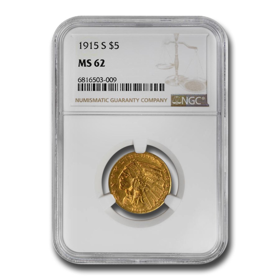 Buy 1915-S $5 Indian Gold Half Eagle MS-62 NGC | APMEX